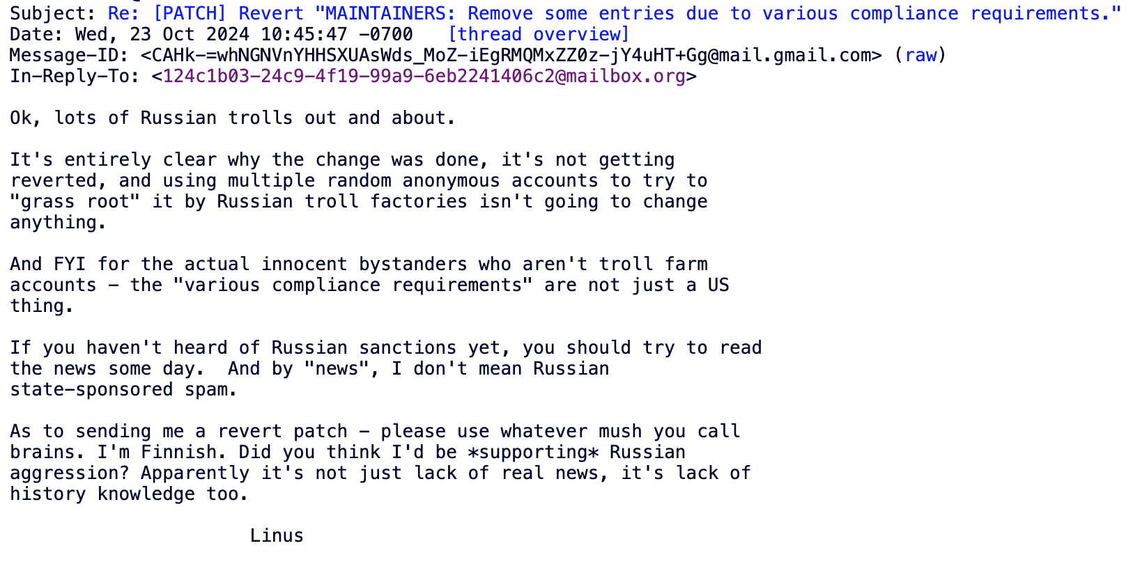 Linux大规模移除疑似俄开发者 - 闲聊吹水 - FreeMdict Forum